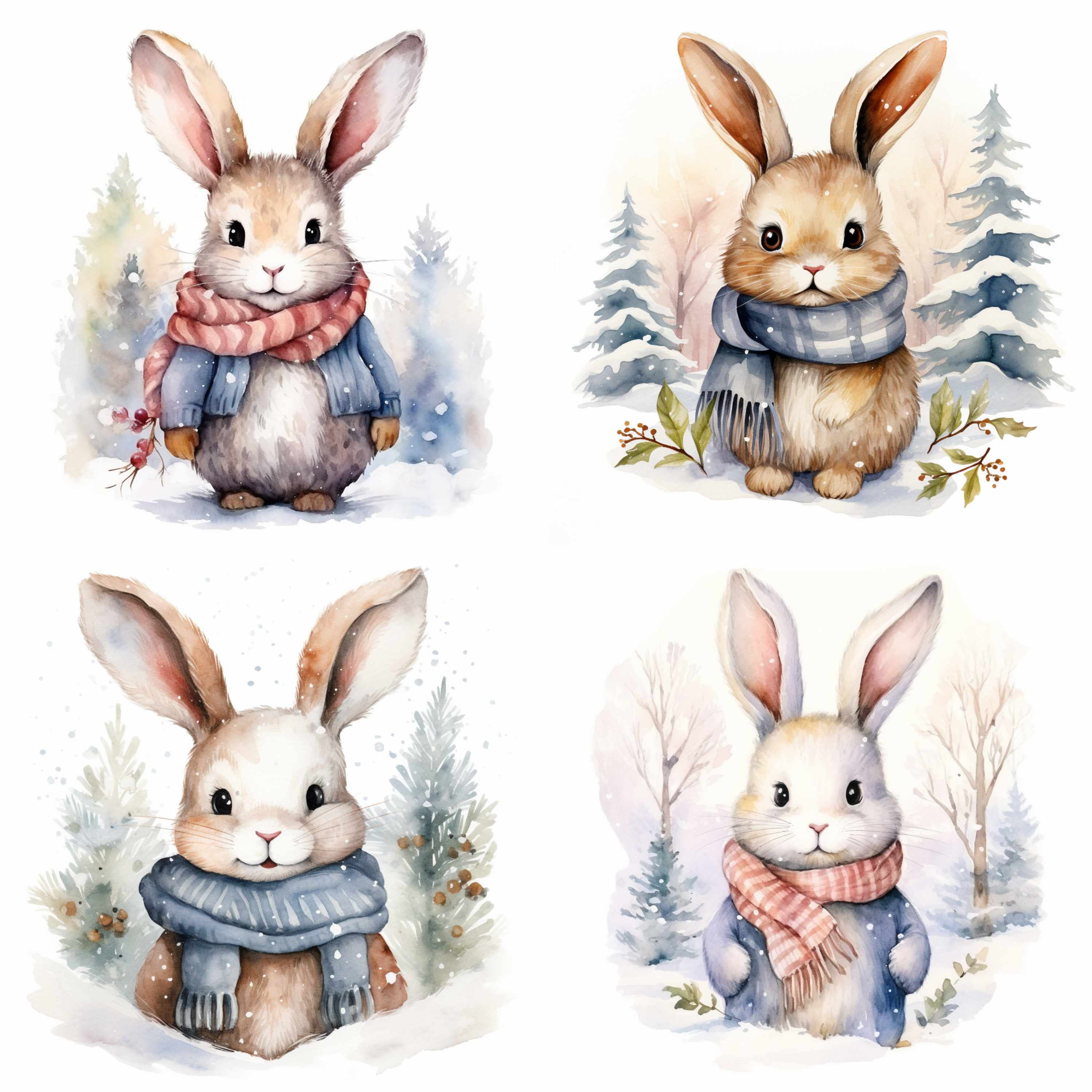 16 Boho Winter Rabbit With Scarf Clipart Bundle, High-quality JPG ...