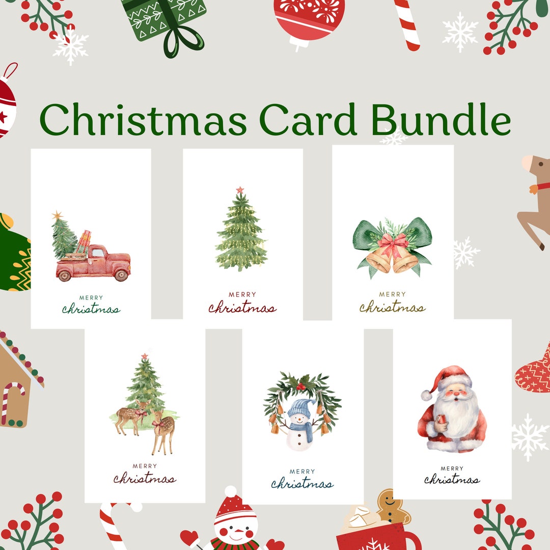 Printable Christmas Card Bundle, Holiday Greeting Card Set, Cute ...
