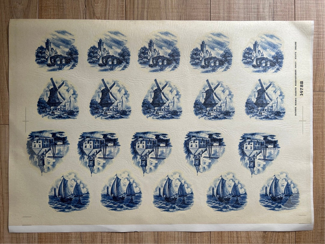 Vintage Ceramic Water Slide Decal Blue Sail, Windmill, Church. Nautical ...
