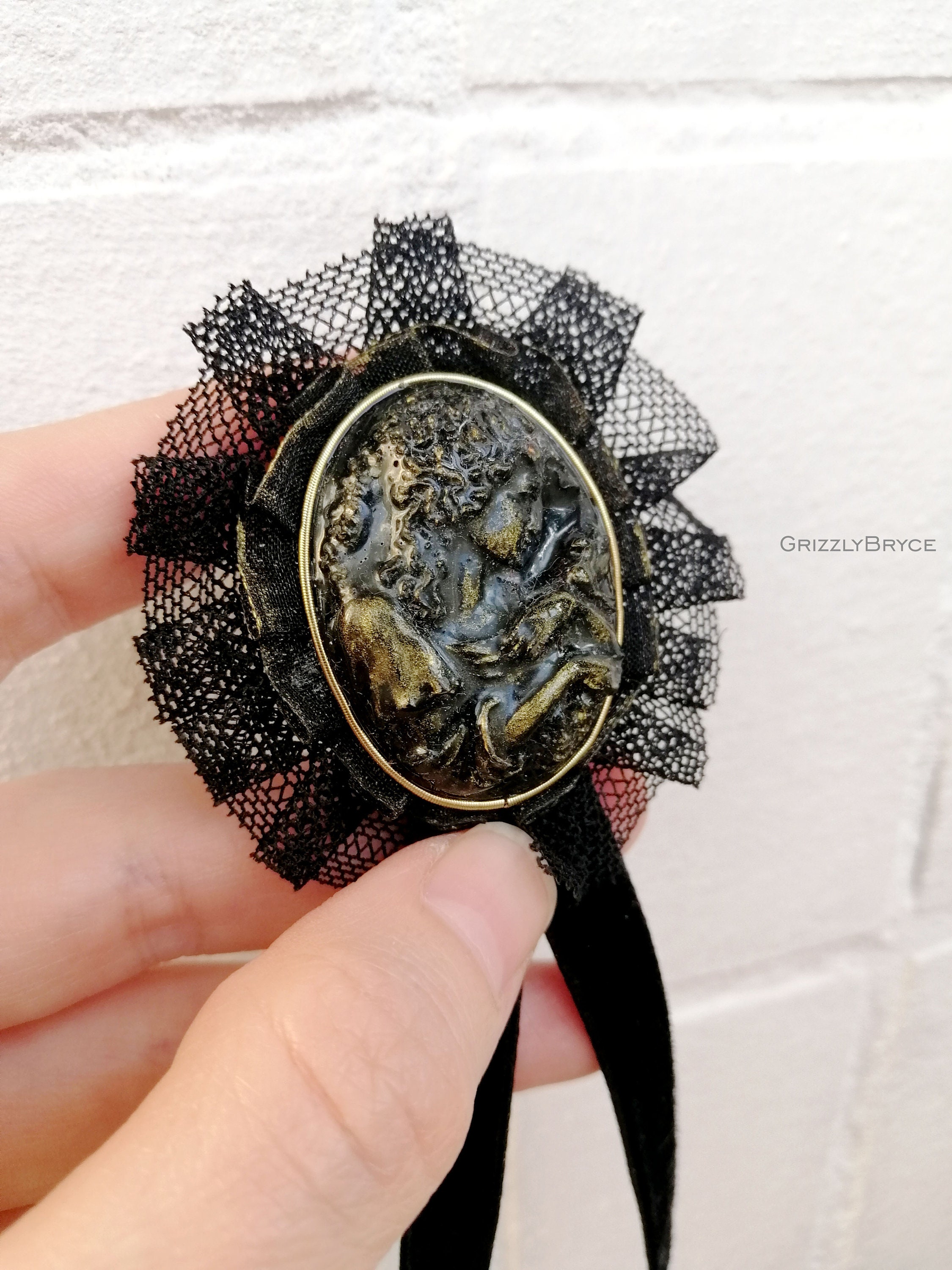 Gothic Porcelain Face Brooch: Black Ruffle Victorian Cosplay Jewelry - Etsy