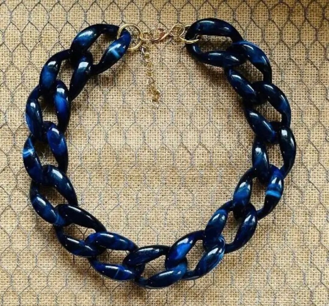 Dark Navy Blue Marbled Chunky Chain Link Statement Necklace With ...