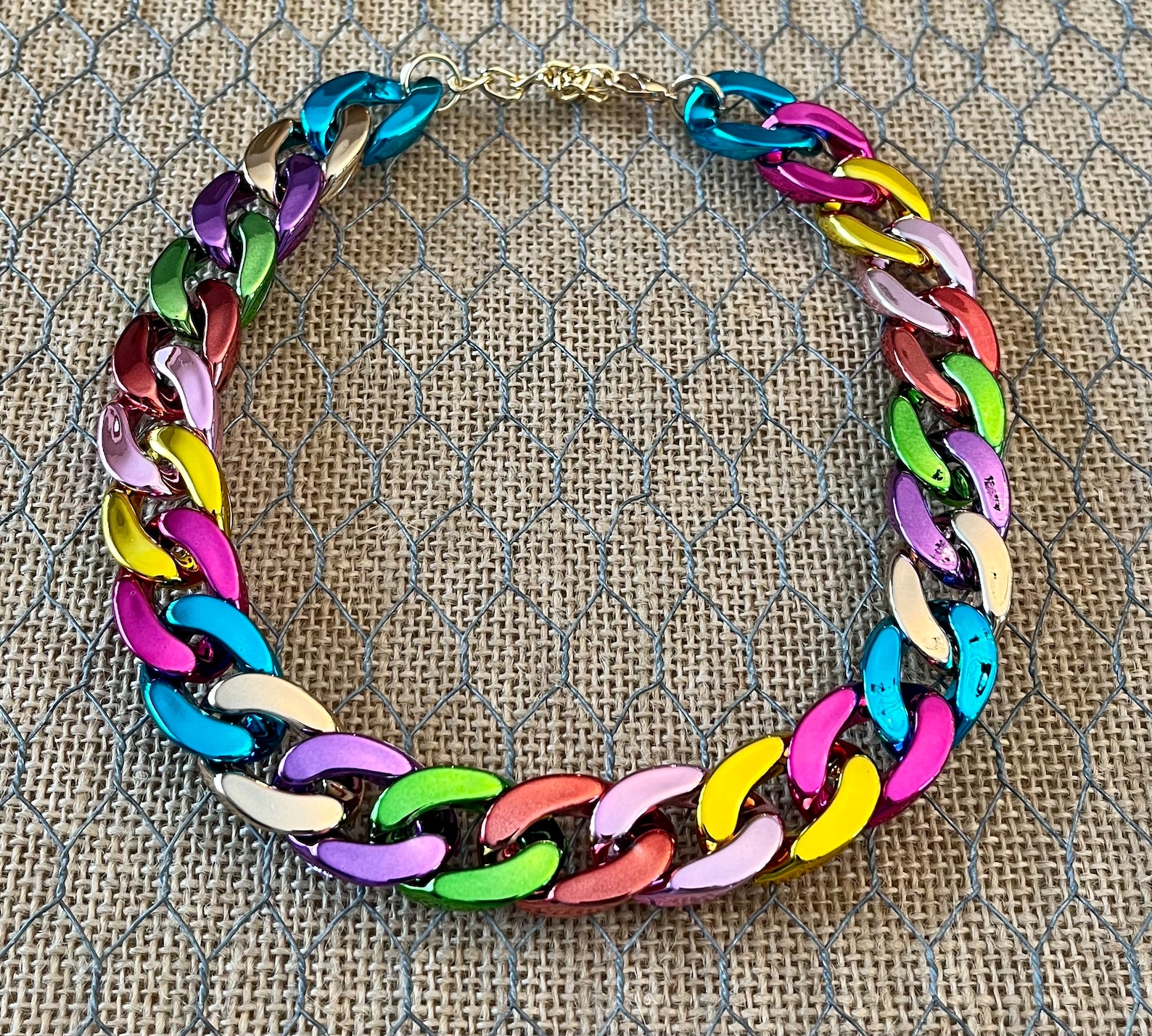 Chrome Finish Rainbow Pride Chunky Chain Link Statement Necklace With ...