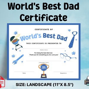 World's Best Dad Certificate, Printable Dad Award, Keepsake for Dad ...