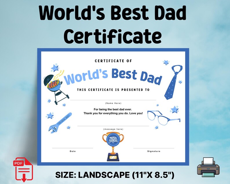 World's Best Dad Certificate, Printable Dad Award, Keepsake for Dad ...