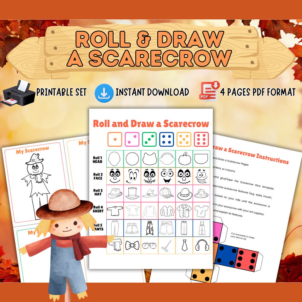 Roll and Draw a Scarecrow | Printable Roll a Dice Game | Fall Printable ...