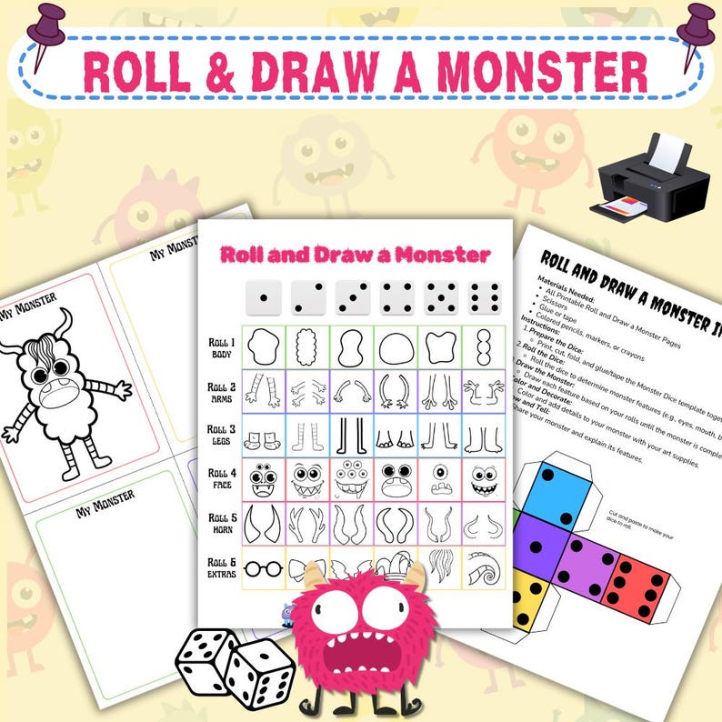 Roll and Draw a Monster Dice Game, Printable Halloween Game, Halloween ...