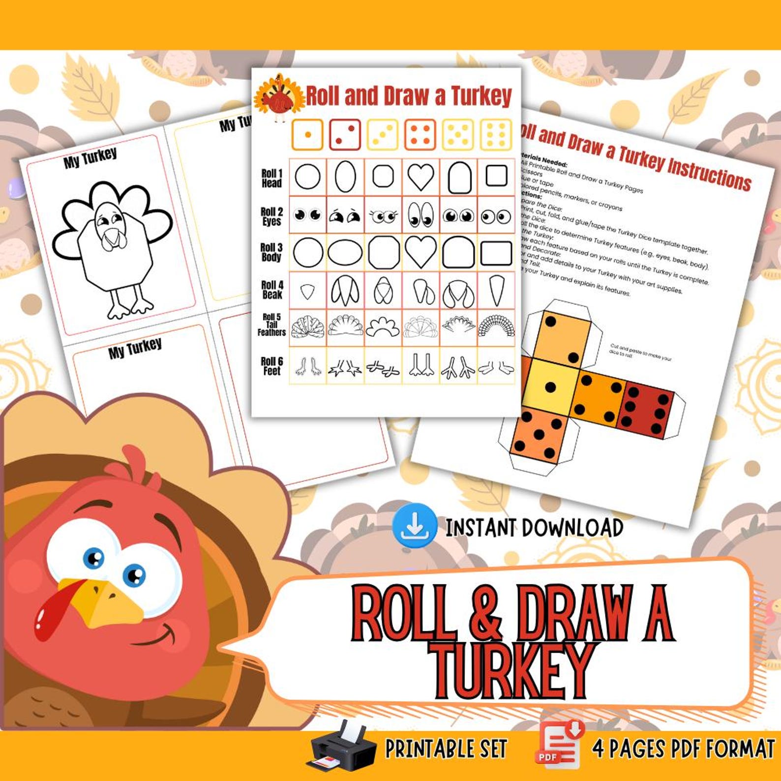 Roll and Draw a Turkey | Printable Roll a Dice Game | Fall Printable ...