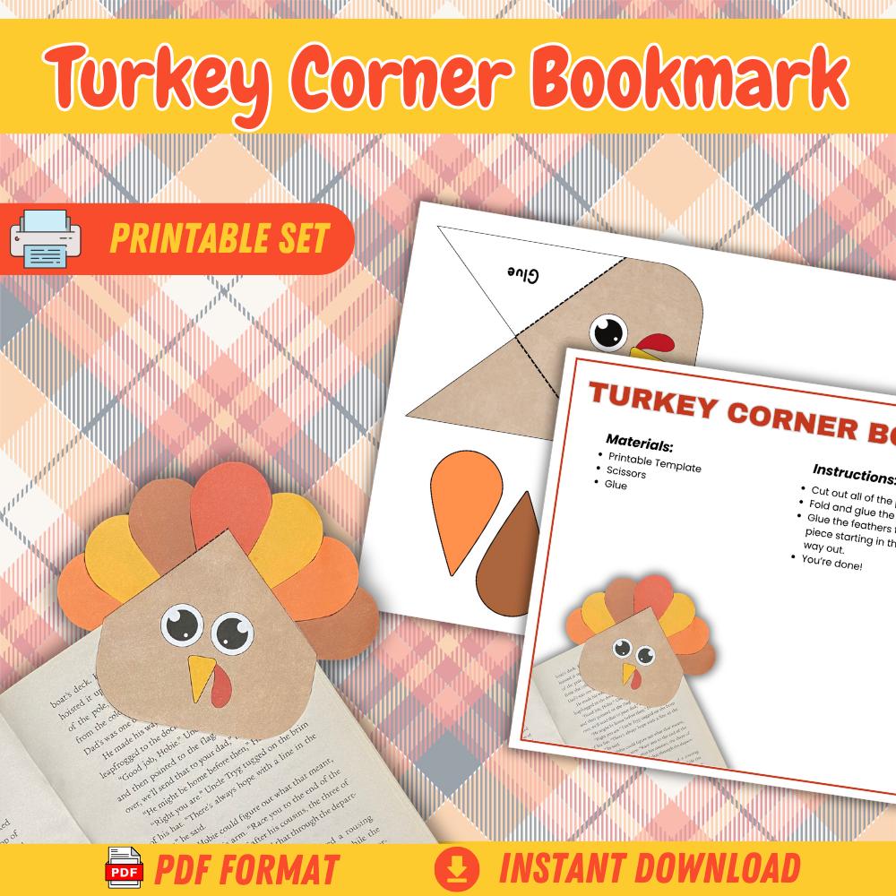 Turkey Corner Bookmark | Printable Turkey Bookmark | Thanksgiving ...