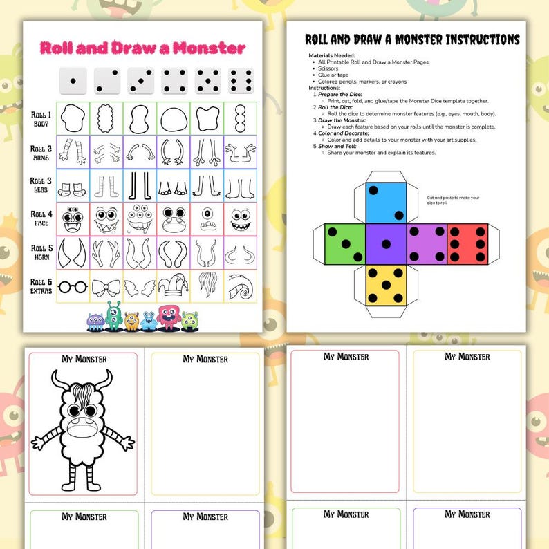 Roll and Draw a Monster Dice Game, Printable Halloween Game, Halloween ...