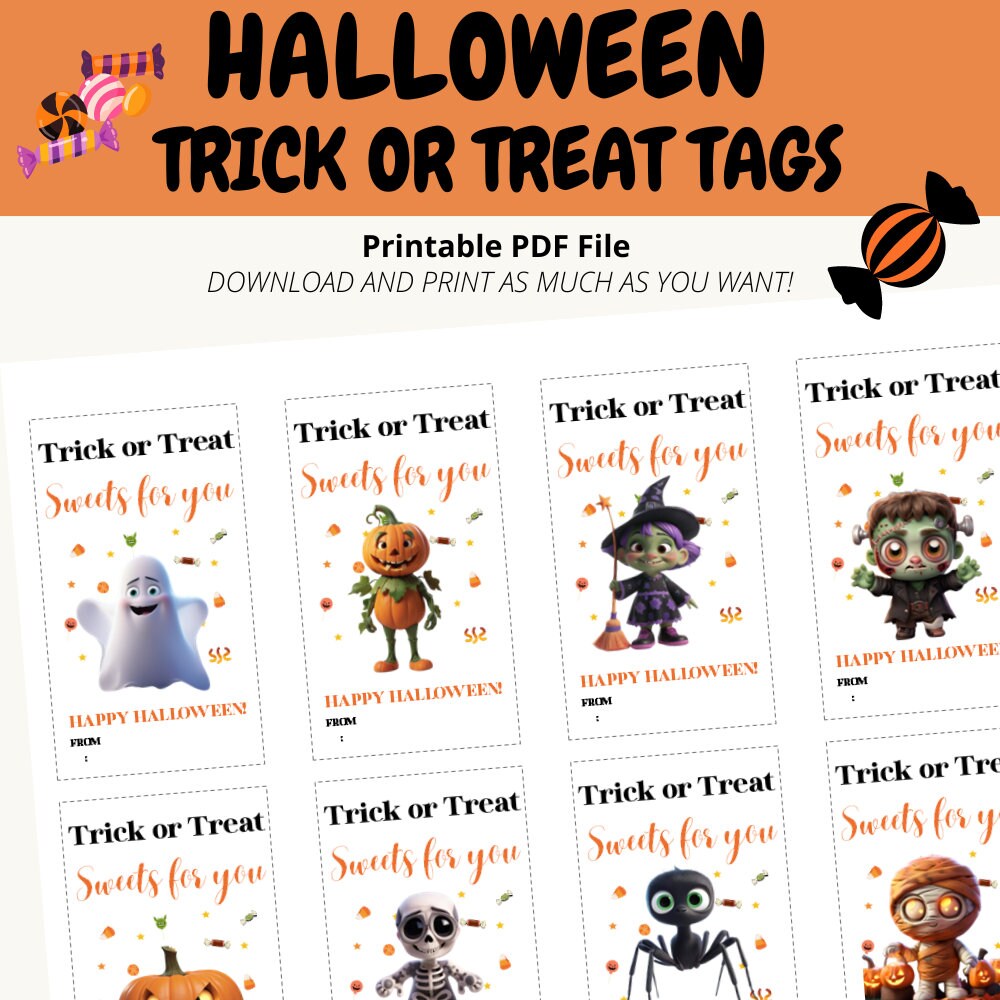 Halloween Trick or Treat Tags, Printable Halloween Favor Tags ...