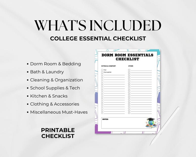 College Dorm Room Essentials Checklist, Printable Checklist, College ...