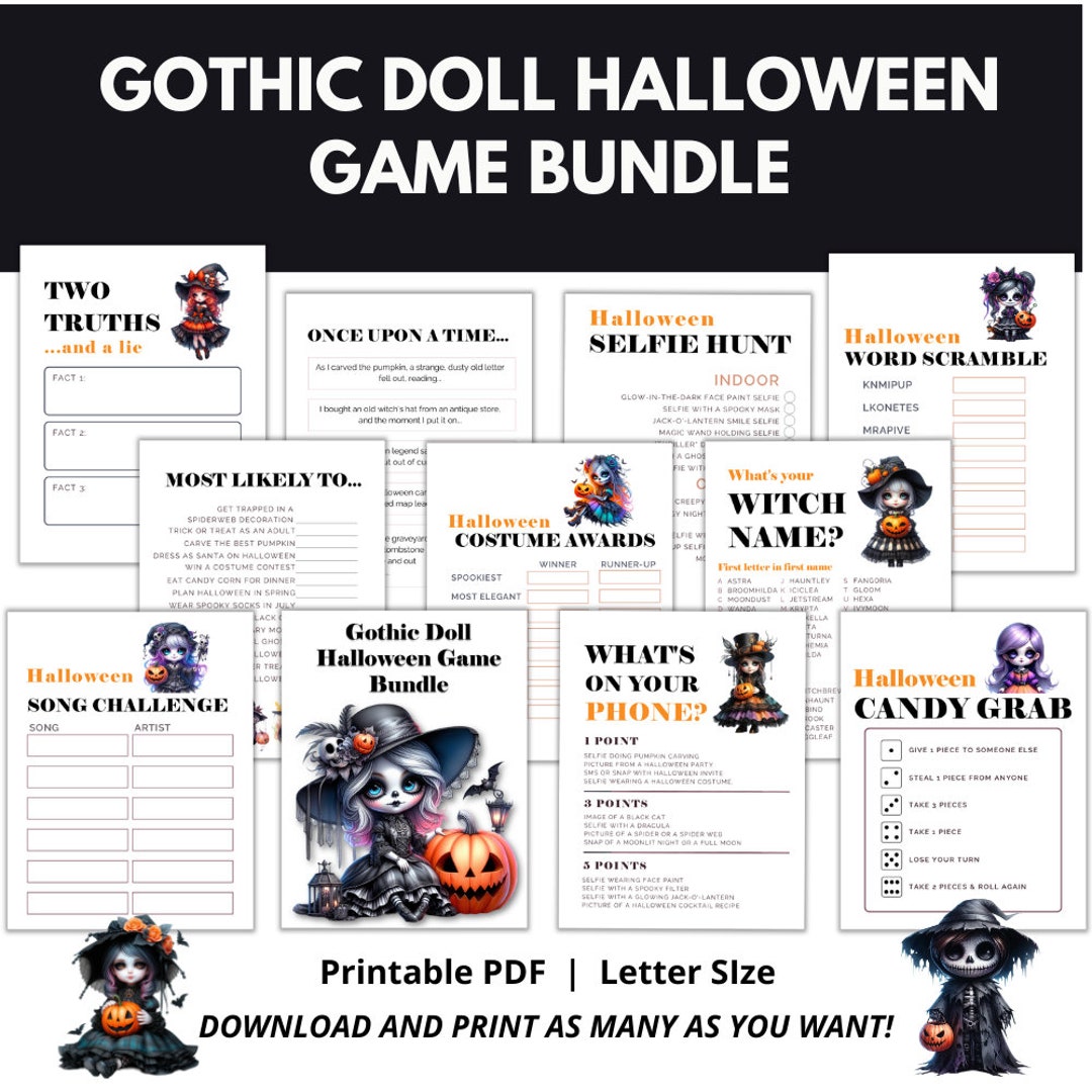Gothic Doll Halloween Game Bundle | Printable Games for Halloween Party ...
