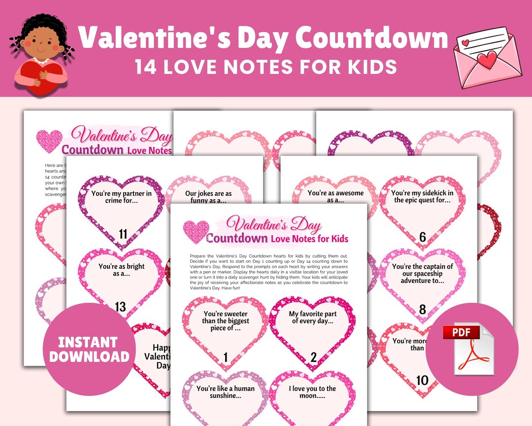 Valentines Day Countdown, 14 Days of Heart Love Notes for Kids ...