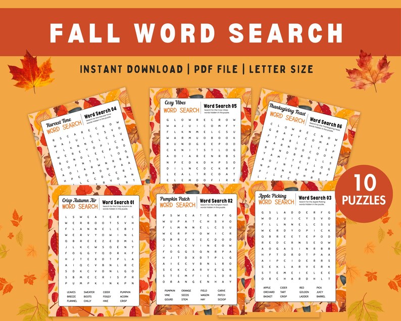 10 Fall Word Search Puzzle Printable, Autumn Word Search, Family Game ...