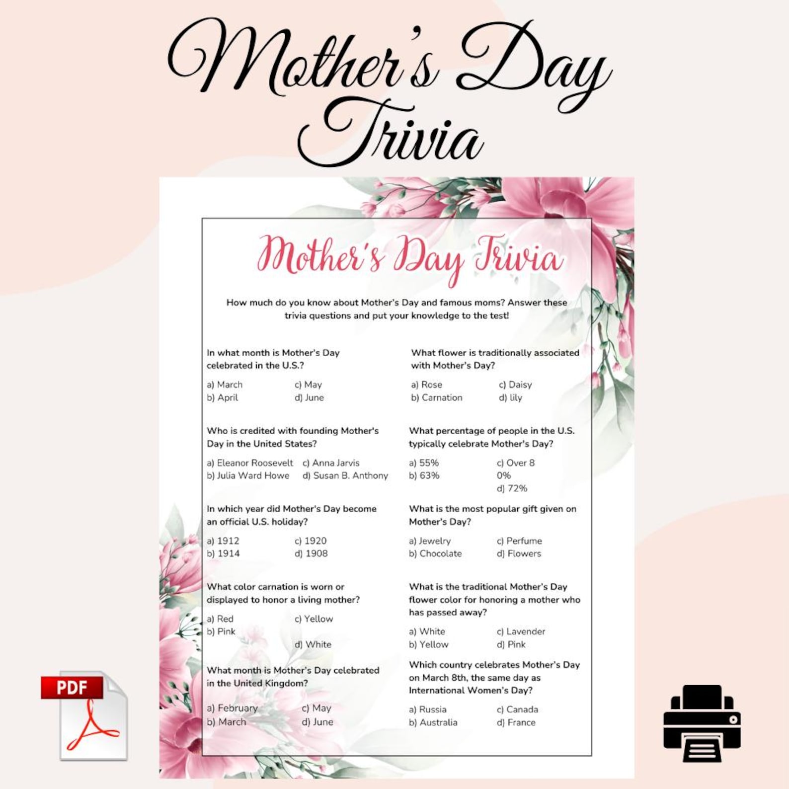 Mother's Day Trivia, Mother's Day Game, Printable Mother's Day Game ...