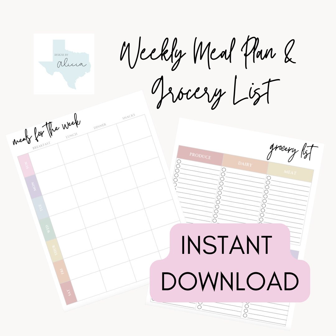 Printable Weekly Meal Plan and Grocery List, INSTANT DOWNLOAD, Meal ...