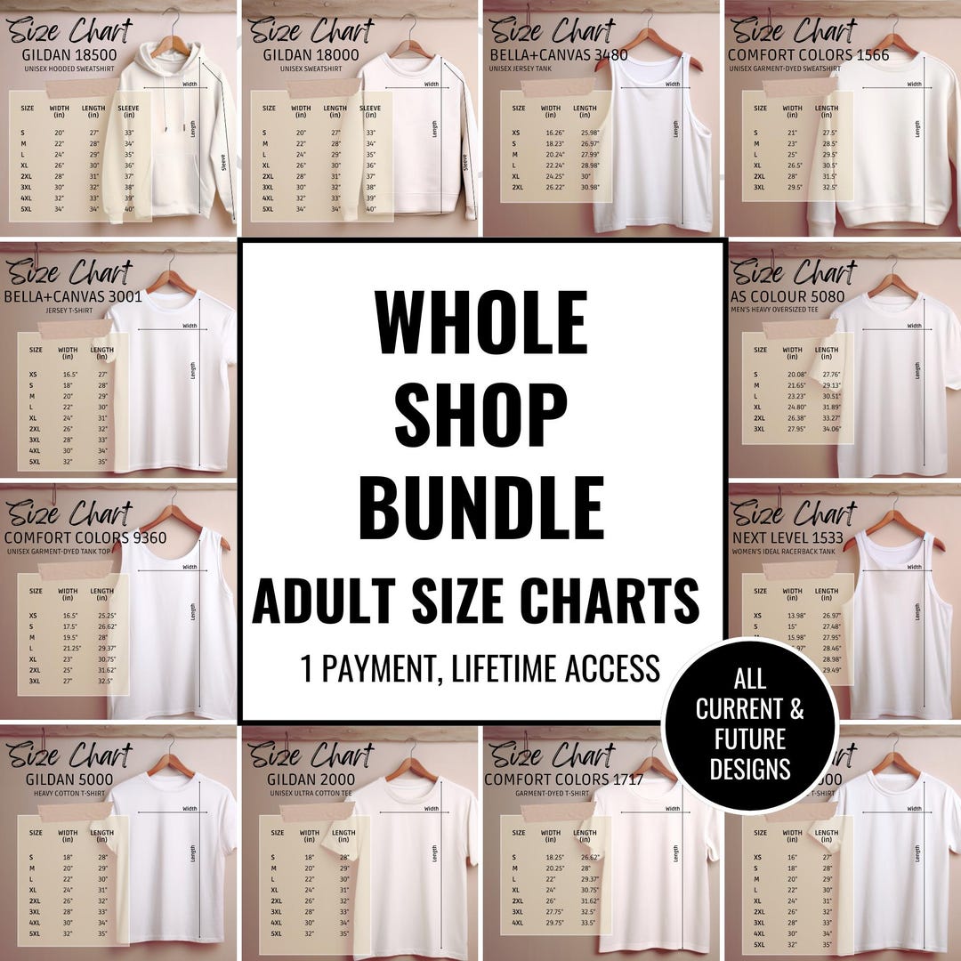Whole Shop Size Chart Gildan Bella Canvas Comfort Colors AS Colour Next ...