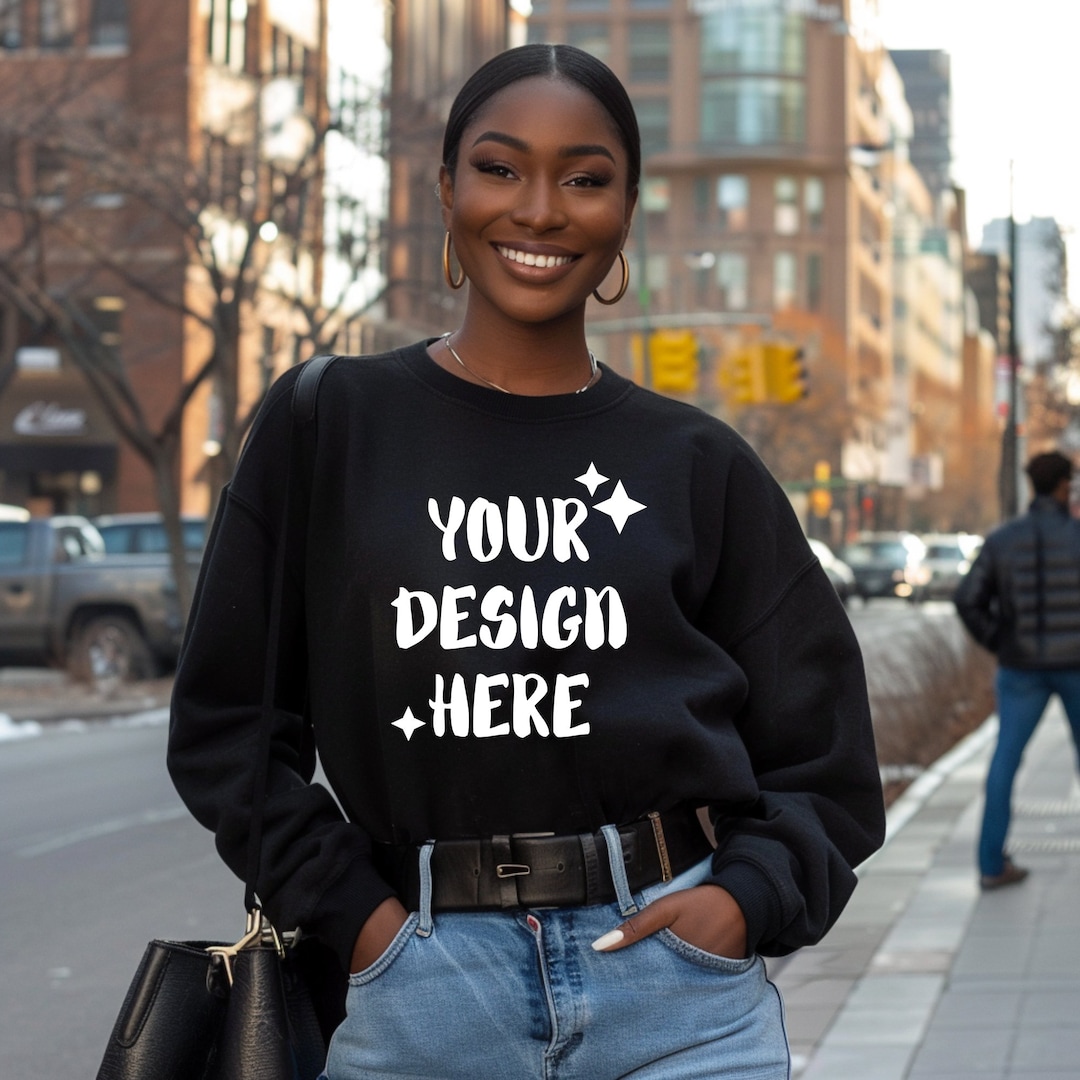 African American Black Gildan Mockup 18000 Black Woman Sweatshirt ...