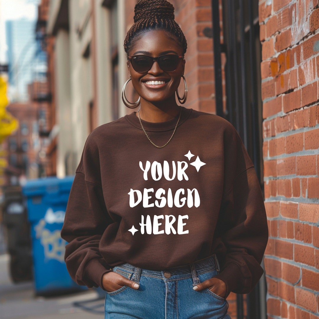 African American Sweater Mockup Gildan 18000 Black Woman Brown ...