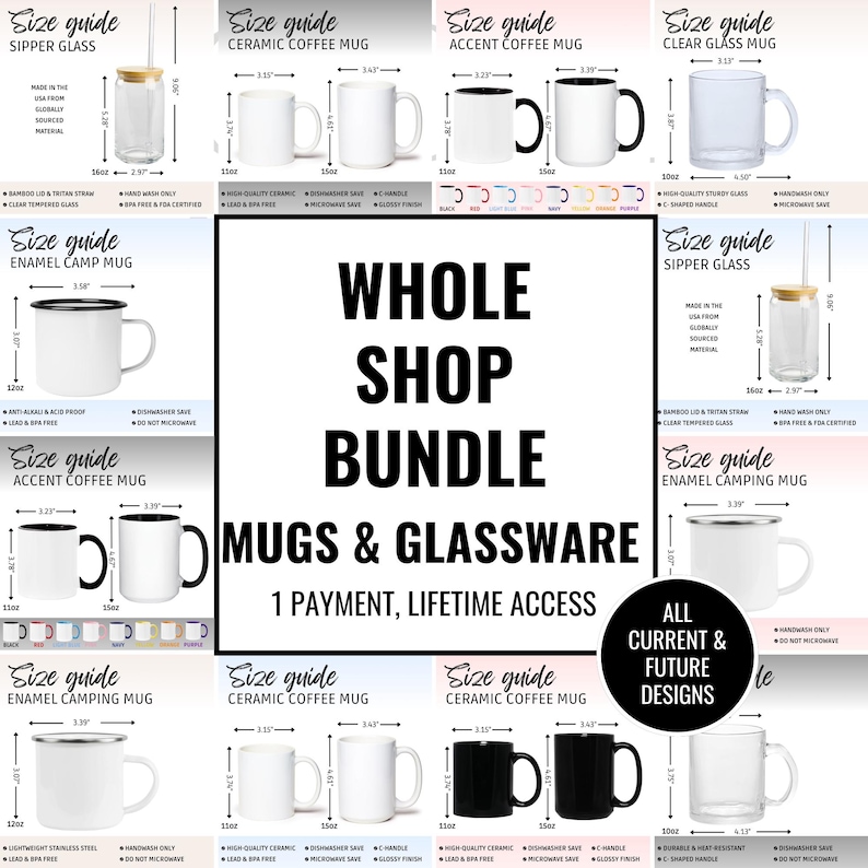 Whole Shop Mug Size Chart Bundle Canva Template Glass Mug Size Guide ...
