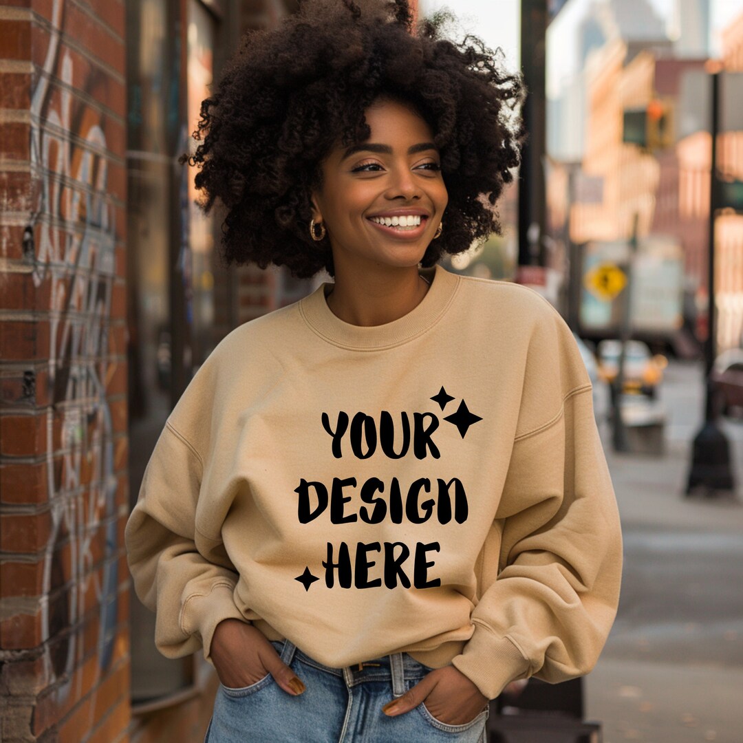 African American Sweater Mockup Sand Gildan 18000 Black Woman ...