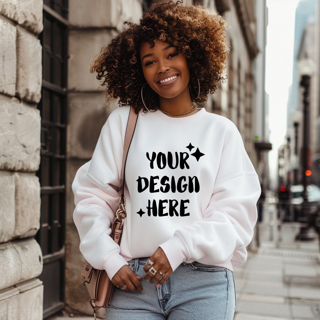 African American Gildan Mockup 18000 Black Woman Sweatshirt Mockup ...