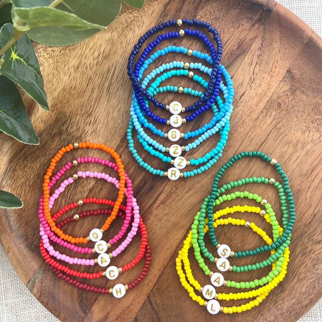 Personalized Initial Seed Bead Stretch Bracelet: Custom Color and Size ...