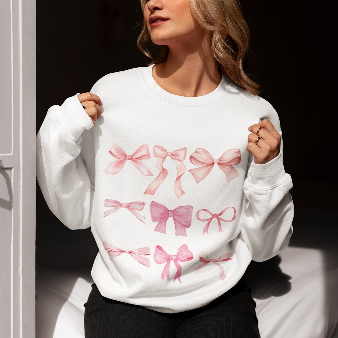 Trendy Cute Pink Coquette Bows Crewneck Aesthetic Ribbons, Women's ...
