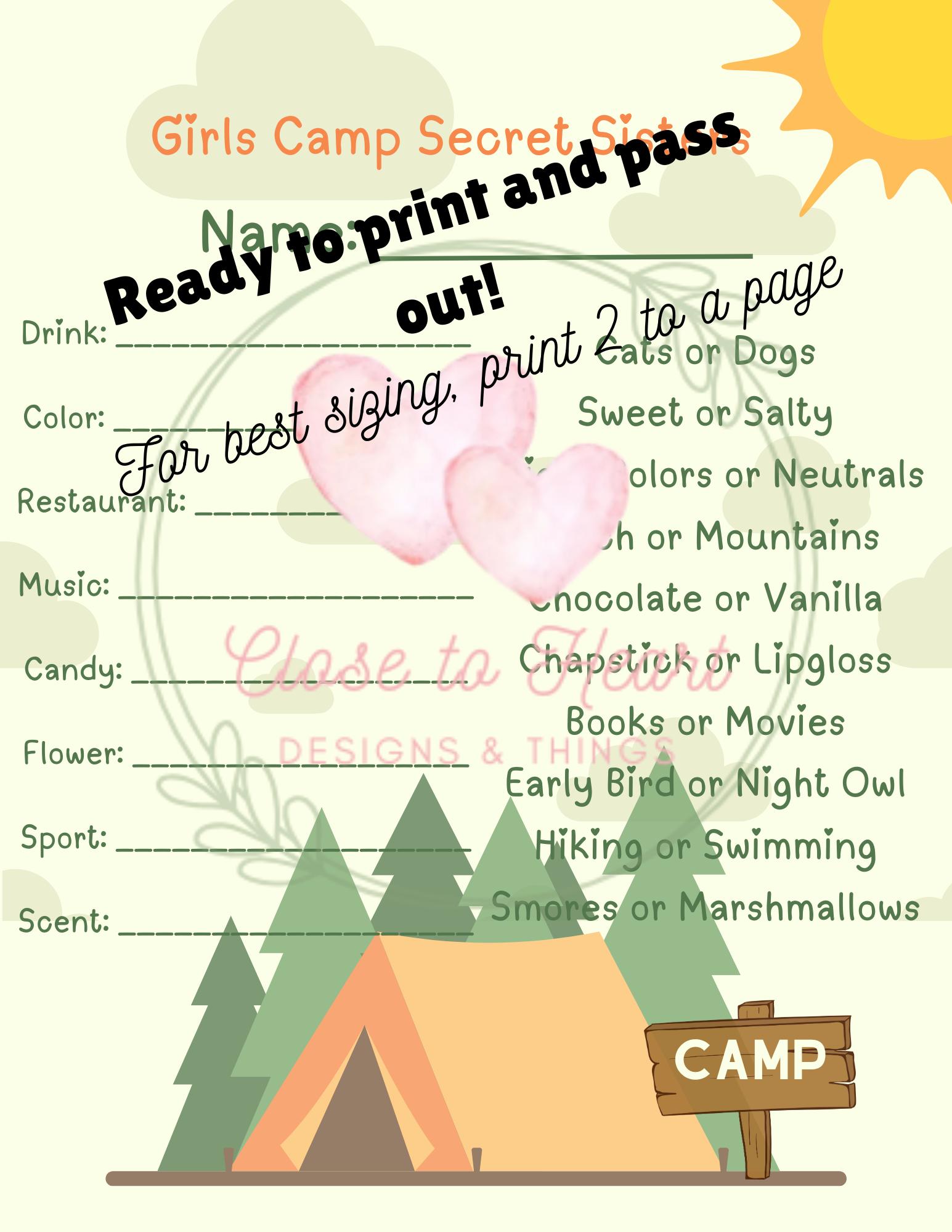 LDS Girls Camp Secret Sister Questionnaire - Etsy