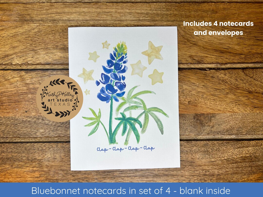 Bluebonnet Note Cards Set of 4 - Wildflower Watercolor Art - Deep in ...