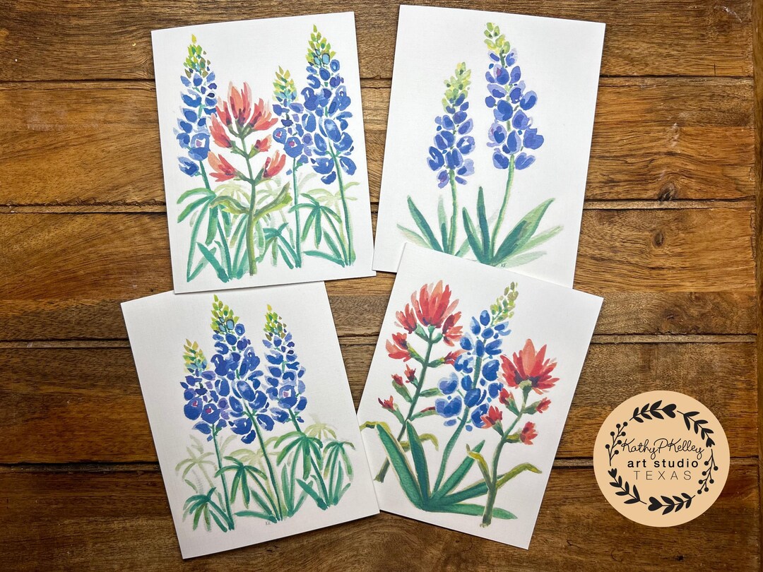 Texas Bluebonnet Watercolor Greeting Cards - Set of 4 Notecards - Blank ...