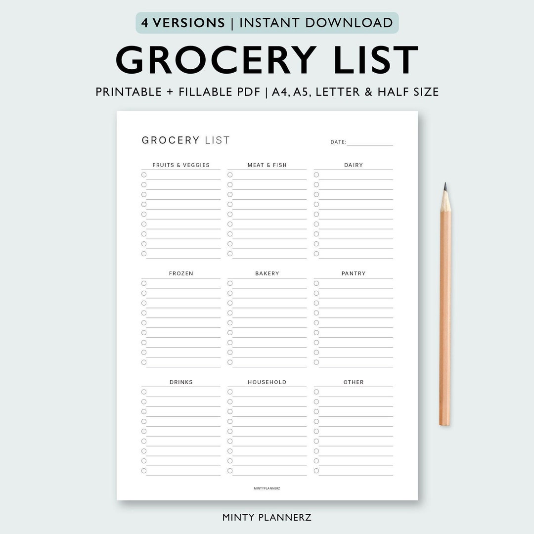 Grocery List Printable, Shopping List & Checklist for Groceries ...
