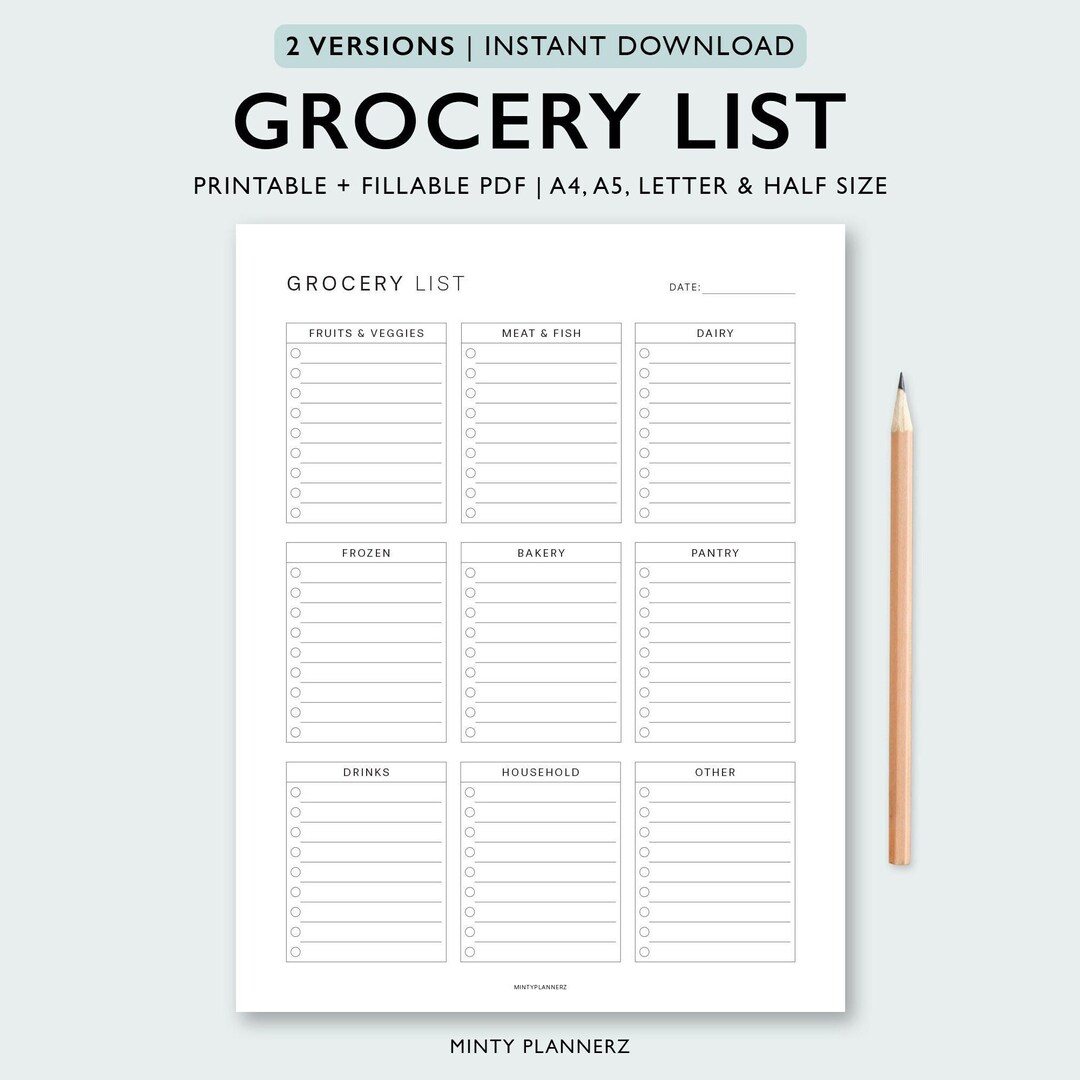 Grocery List Printable Template, Minimalist Grocery Planner, Food ...