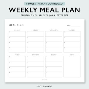 Weekly Meal Plan Template, Food Journal, Meal Prep Planner Fillable ...
