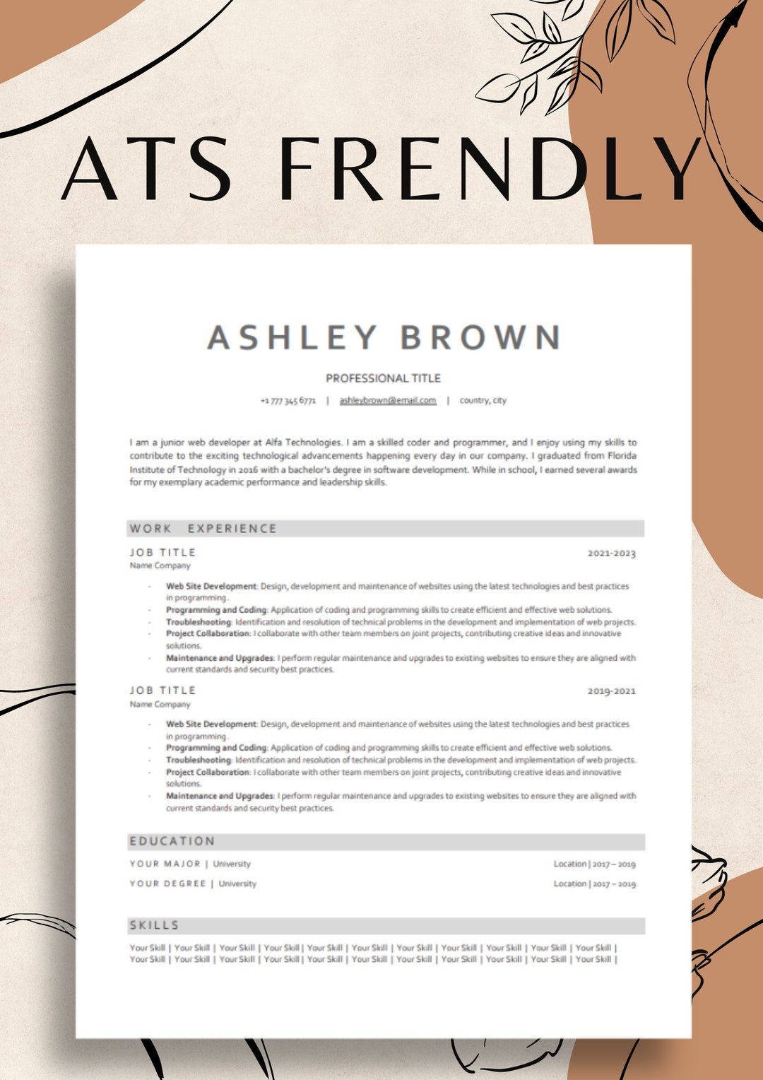ATS Friendly Resume Template for Microsoft Word Cover Letter and ...