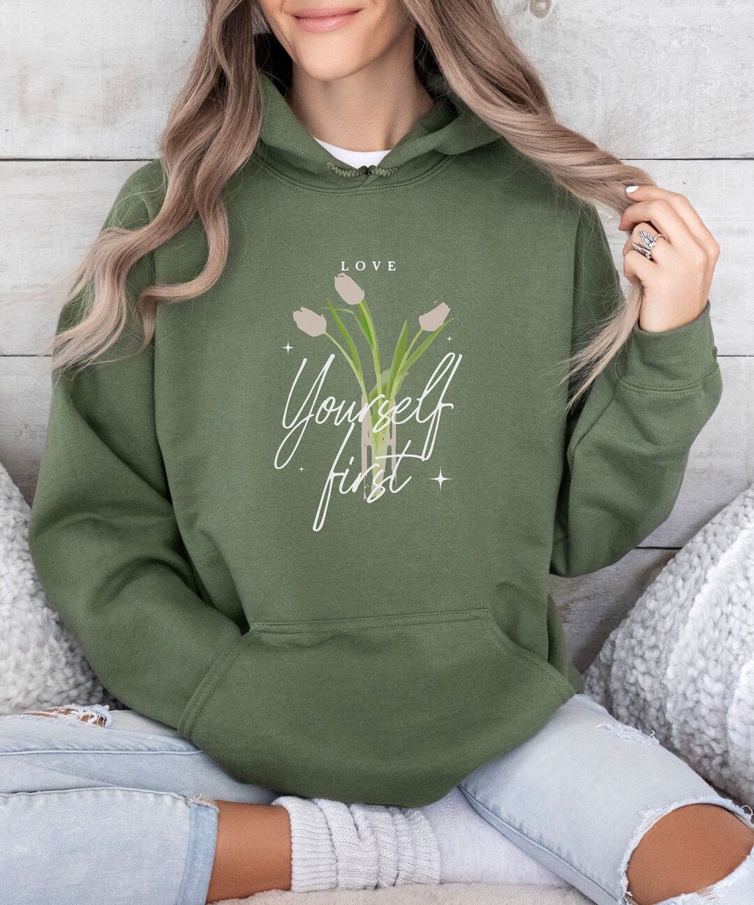 Love Yourself First Inspirational Quote Hoodie, Floral Tulip Graphic ...
