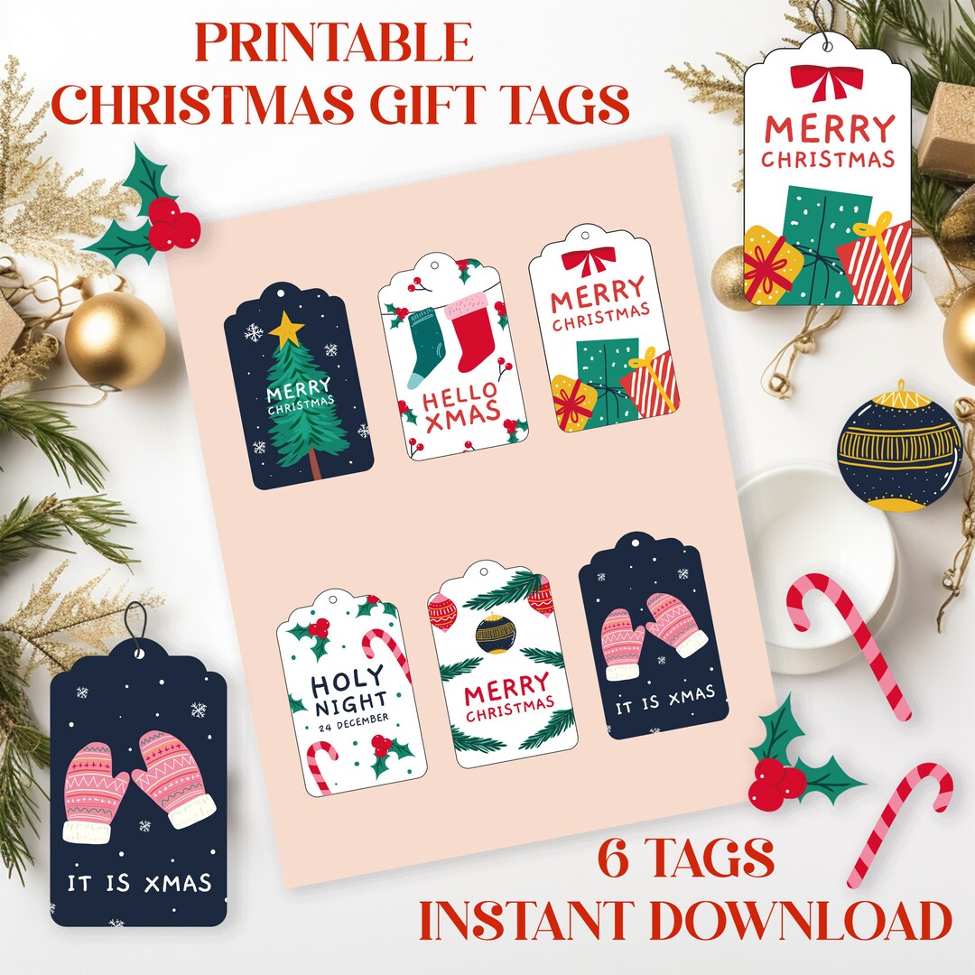 Printable Christmas Gift Tags Set of SIX, Merry Christmas Gift Tag ...