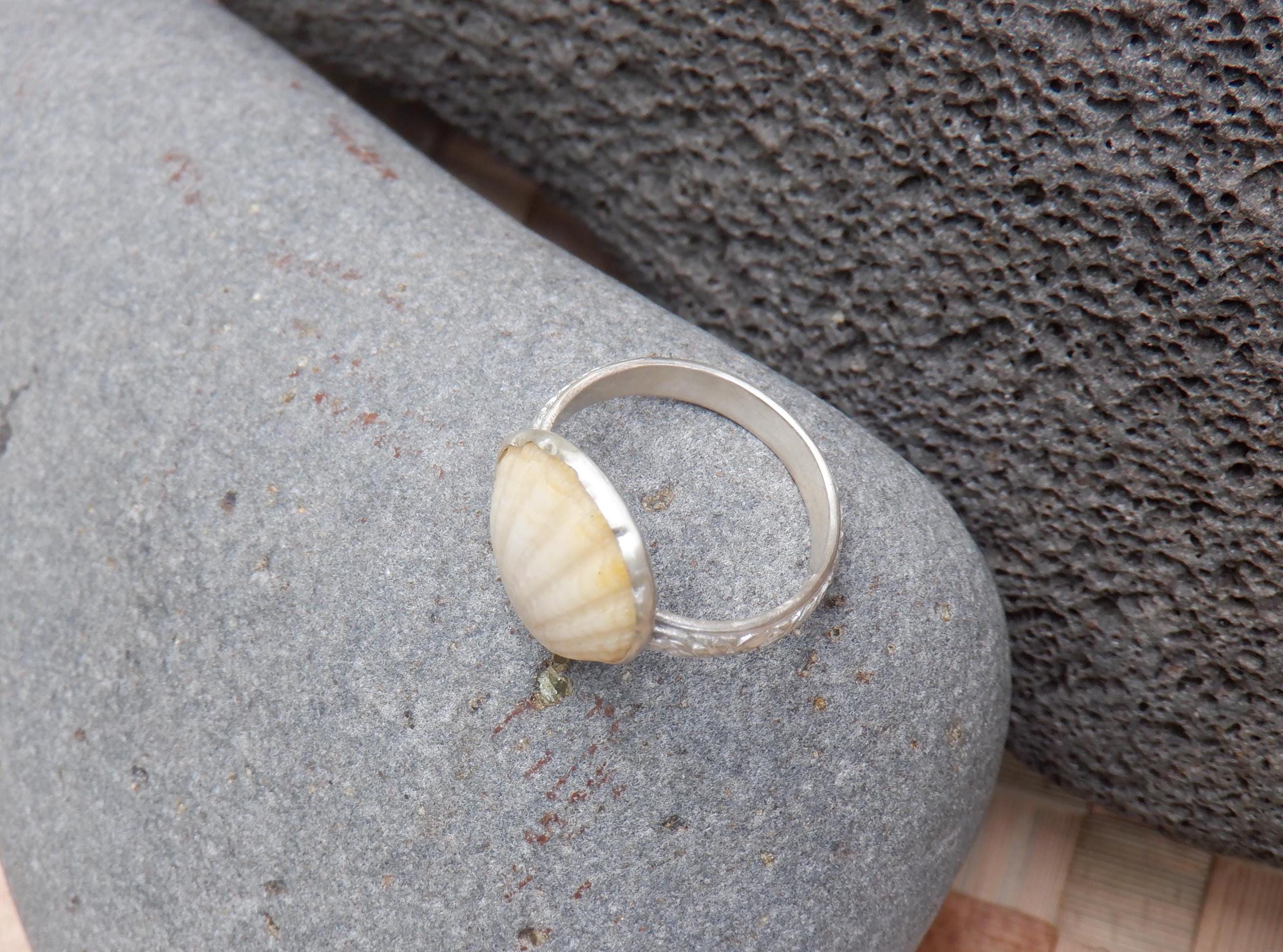 Hawaiian Sunrise Shell Ring With Sterling Silver Bezel and Patterned ...