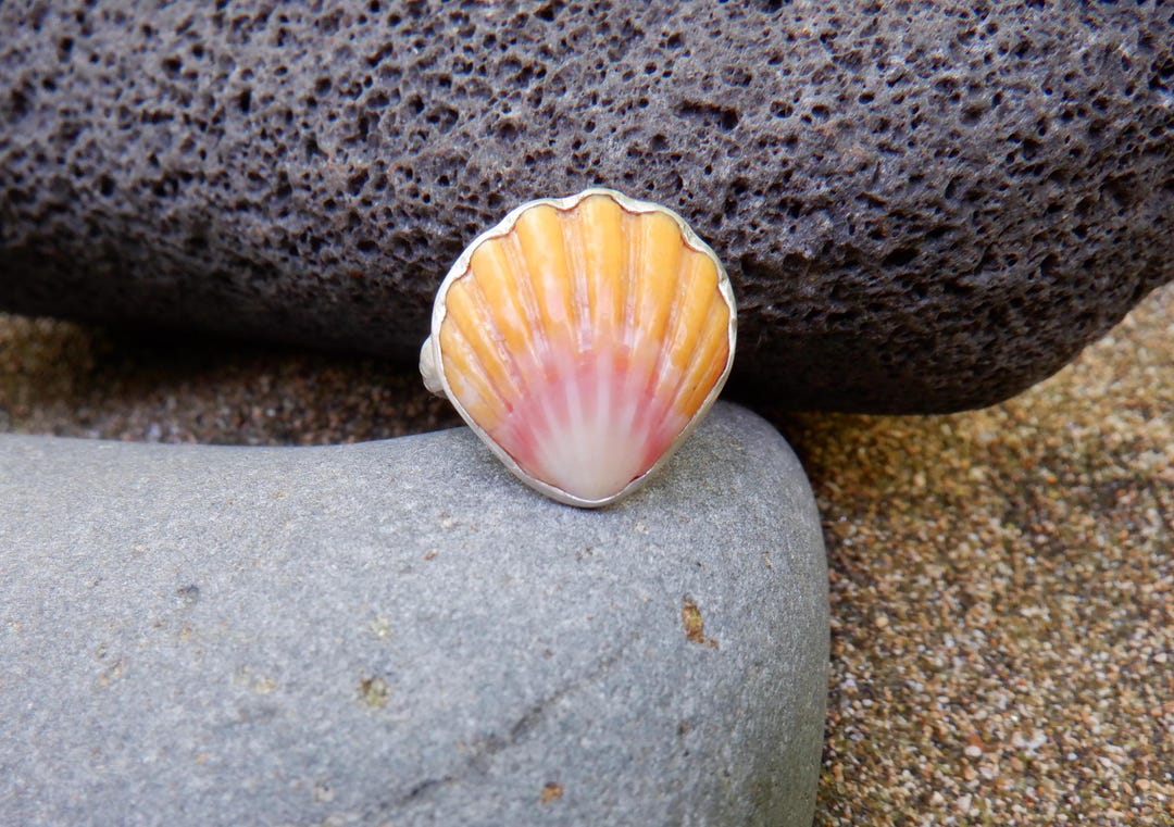 Hawaiian Sunrise Shell Ring With Sterling Silver Bezel and Patterned ...