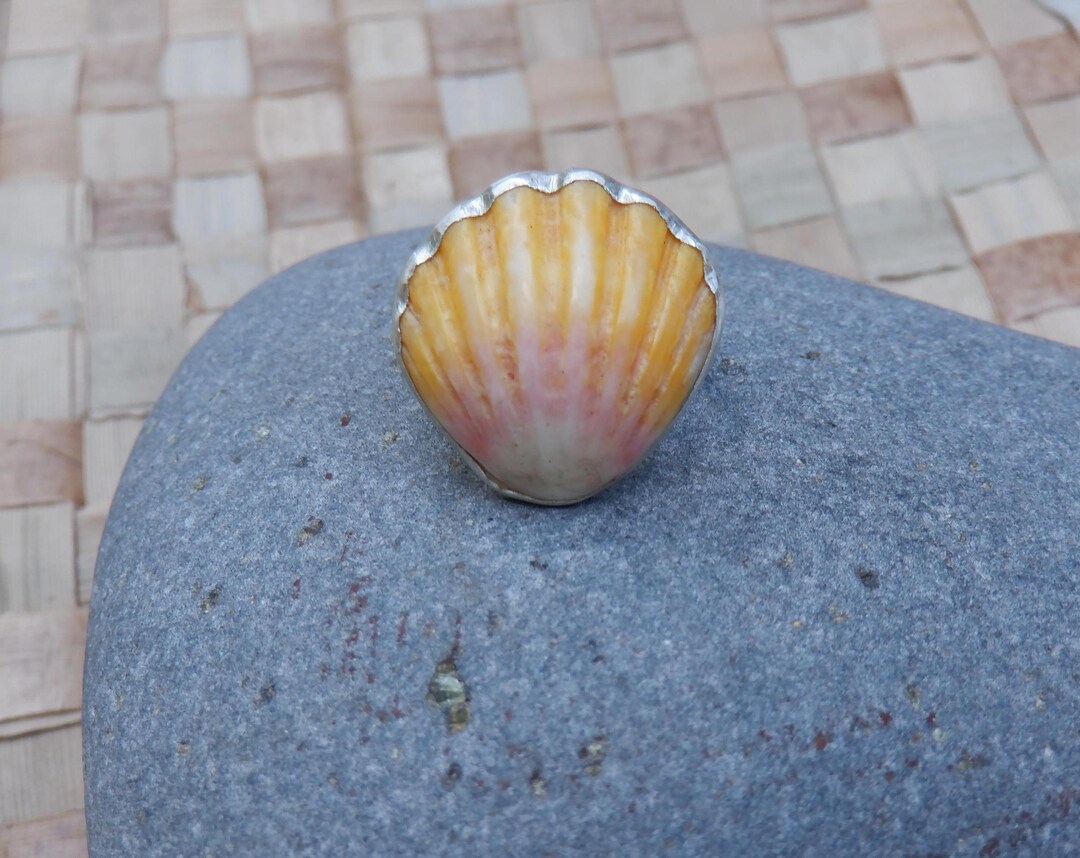 Hawaiian Sunrise Shell Ring With Sterling Silver Bezel and Patterned ...