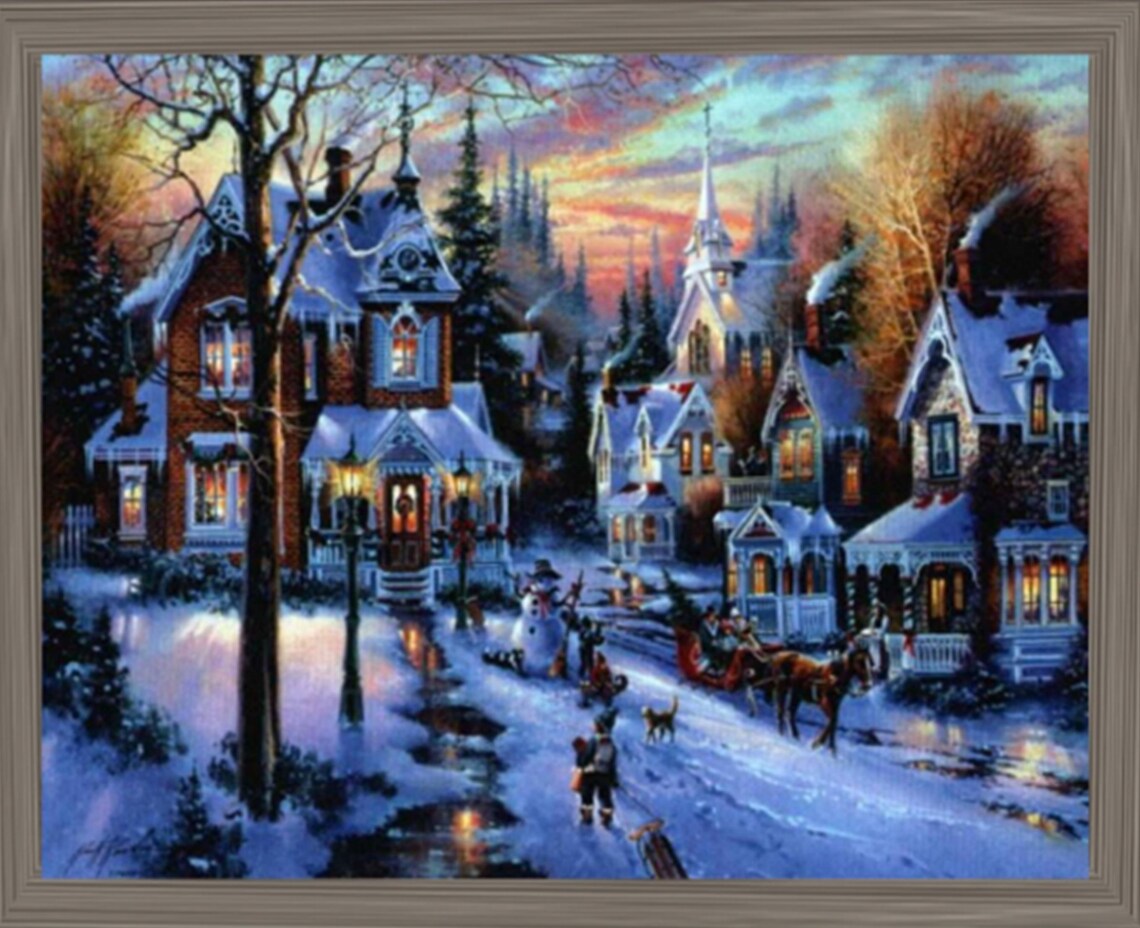 Holiday Gift Winter Scene Shadow Box Vintage Artwork Snowy Village ...