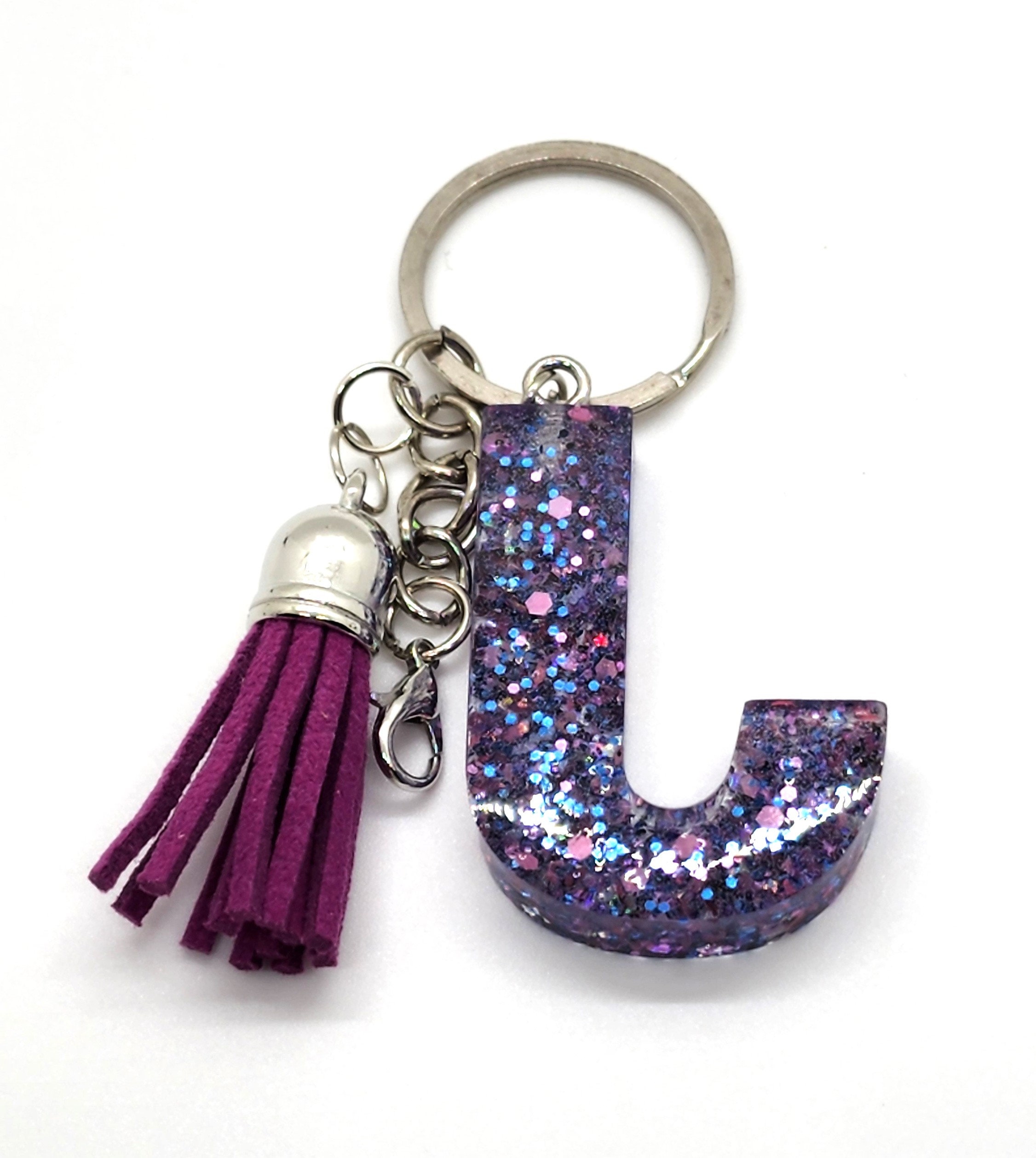 Letter J Purple Glitter UV Resin Tassel Keychain - Etsy