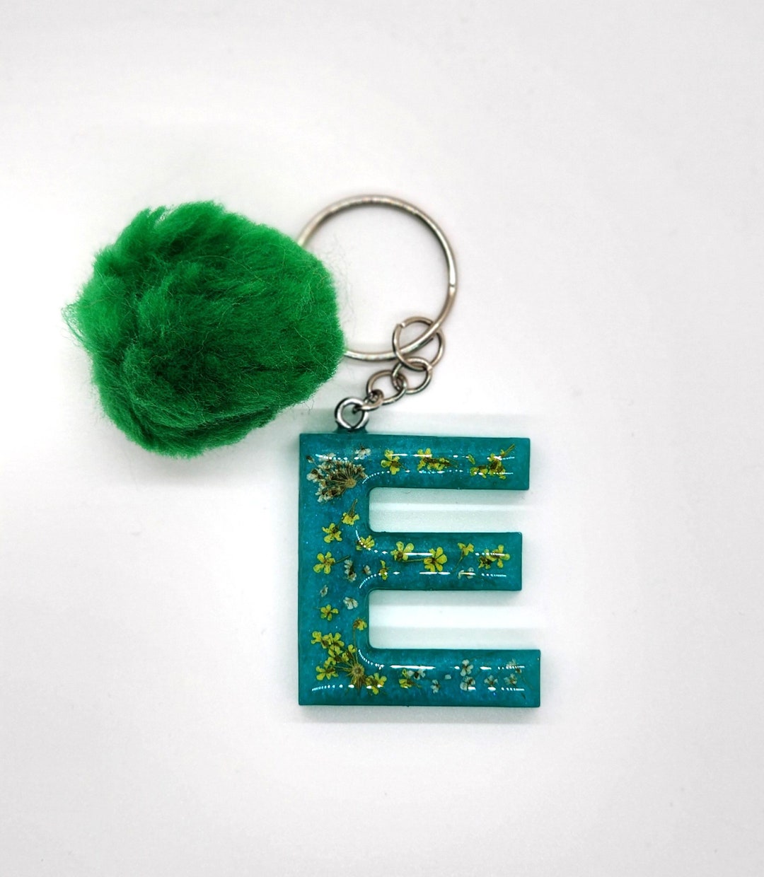 Letter E Teal Green With Dried Flowers Pompom Keychain - Etsy