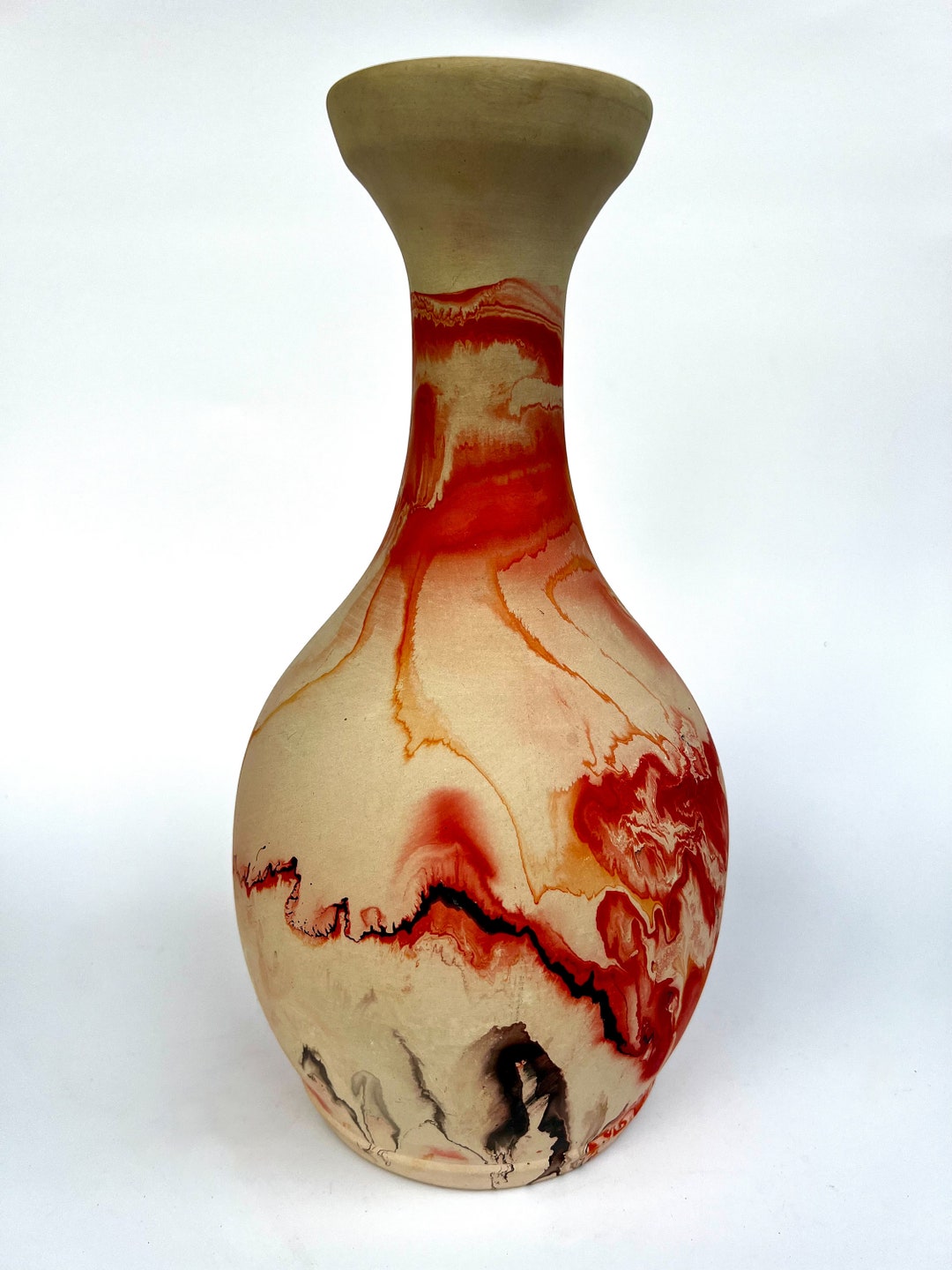 Large Vintage Nemadji Pottery Vase Red, Orange and Black Swirl - Etsy