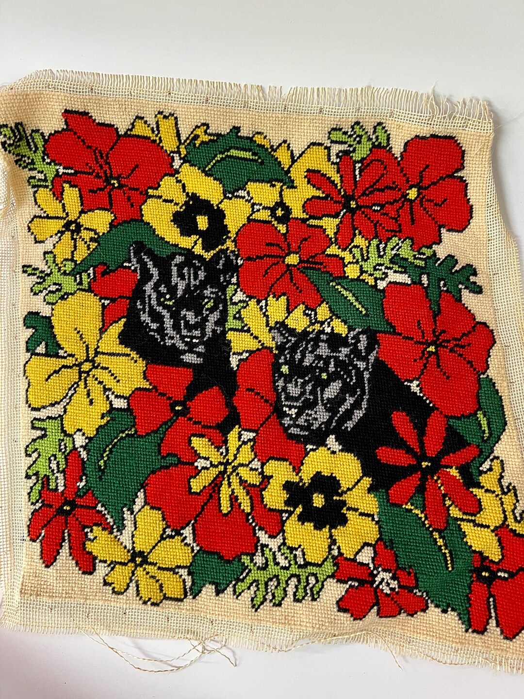 Vintage “jungle Floral” Needlepoint - Panther & Plants - Etsy