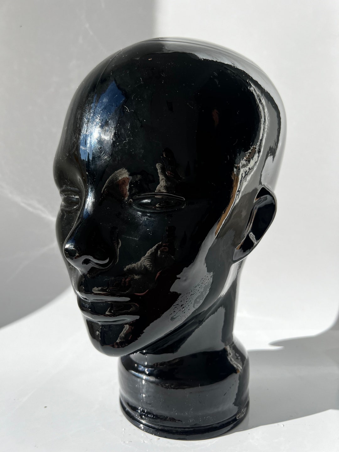 Vintage Black Glass Head - Hat Display - Etsy