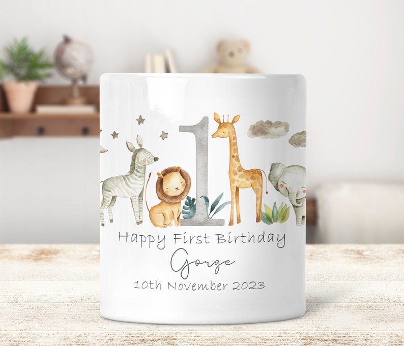 Personalized Money Box, Safari Ceramic Money Bank, First Birthday Baby ...