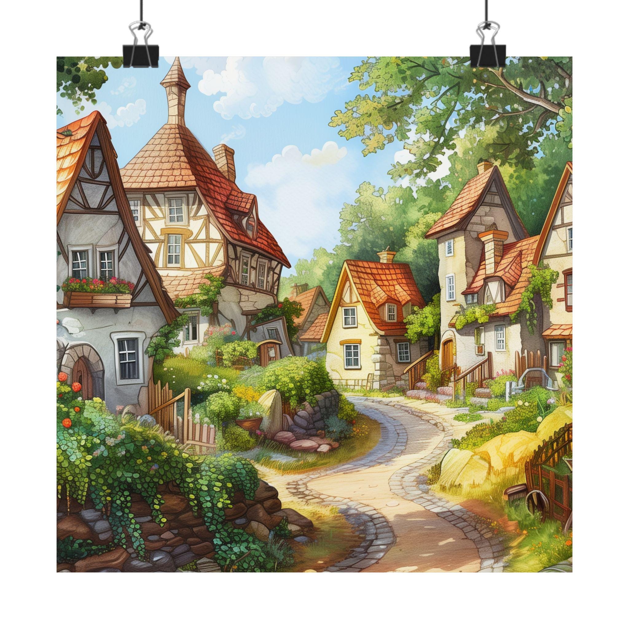 Vertical Posters, Sunny Day in Old Village Art Print, Matte Wall Art ...