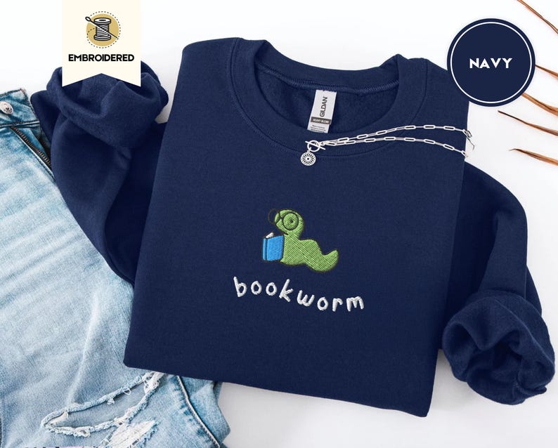 Embroidered Bookworm Crewneck, Cozy Reading Sweatshirt, Autumn Bookish ...