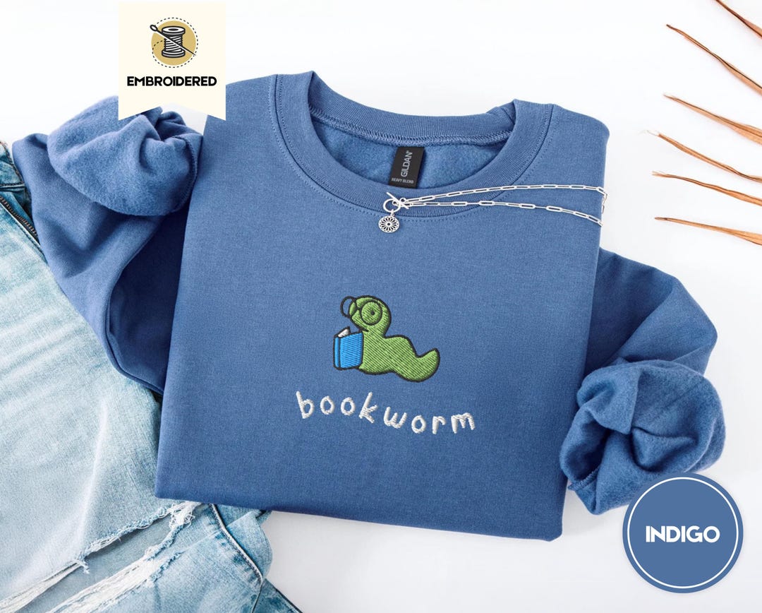 Embroidered Bookworm Crewneck, Cozy Reading Sweatshirt, Autumn Bookish ...